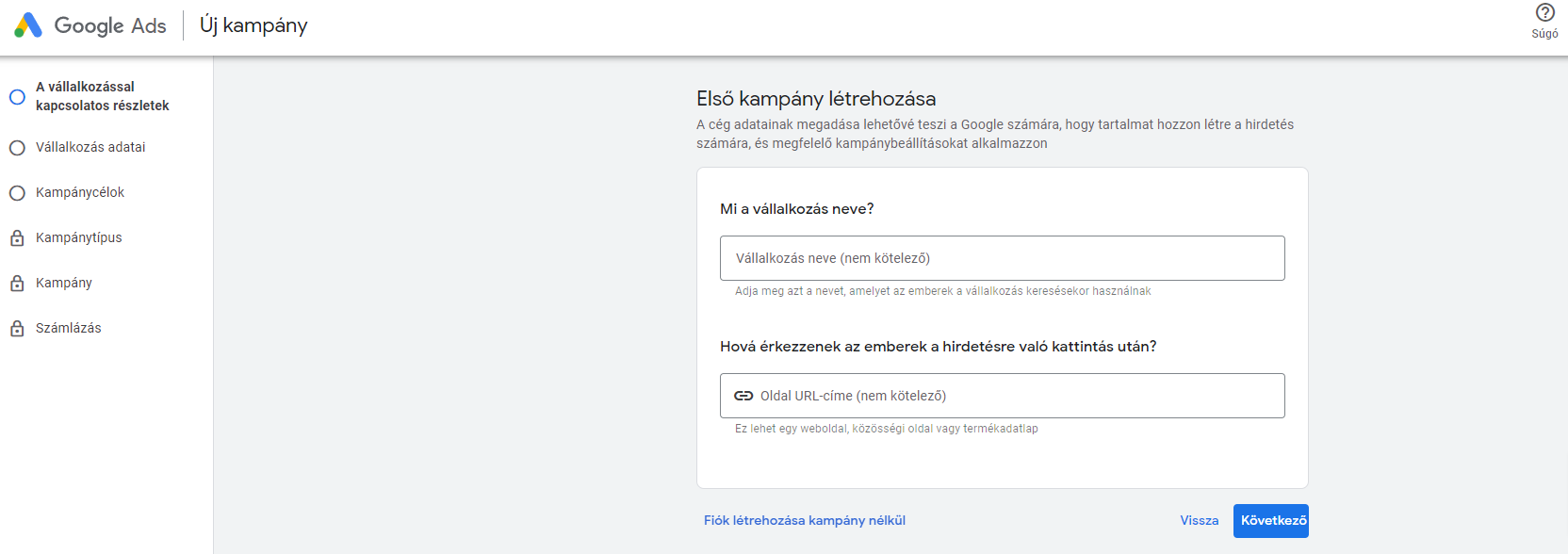Google Ads belépés menete és hirdetési fiók létrehozása